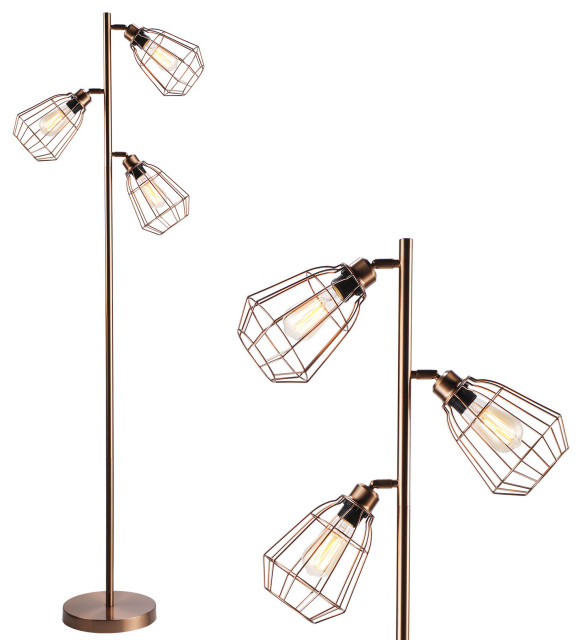LEONLITE Track Tree Floor Lamp with 3 Cage Heads, Antique Red Copper ...