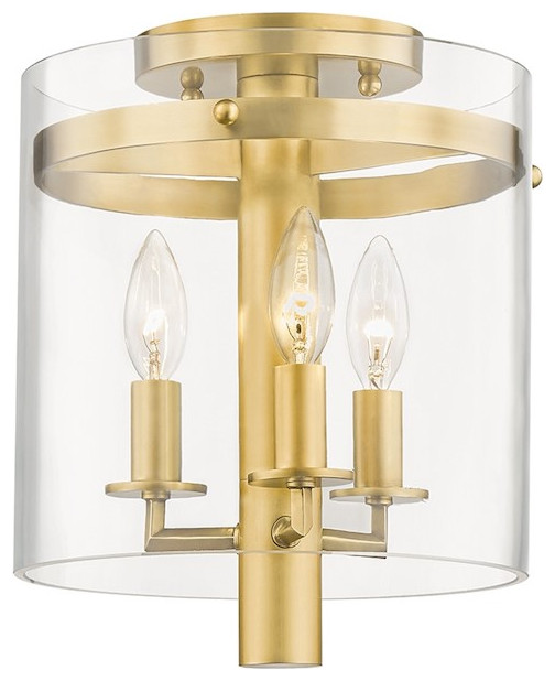 Hudson Valley Baxter 3-Light Flush Mount, Aged Brass/Clear Glass, 1303-AGB - Transitional ...