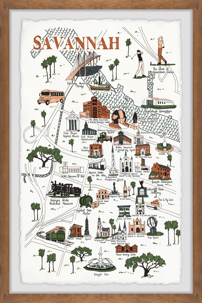 "Illustrated Map of the City of Savannah" Framed Painting Print, 16x24 ...