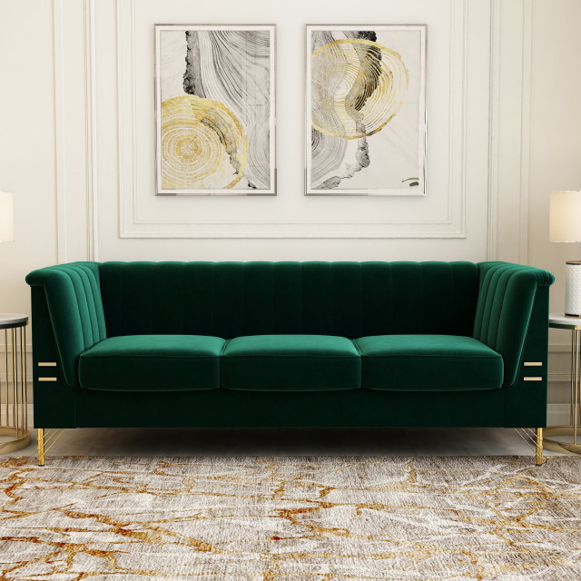 Modern Transitional Sofa, Golden Legs & Green Velvet Seat With ...