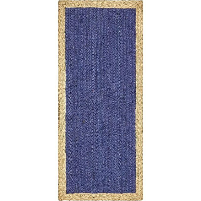 Handwoven Navy Blue and Natural Jute Farmhouse Area Rug, Braided Border ...
