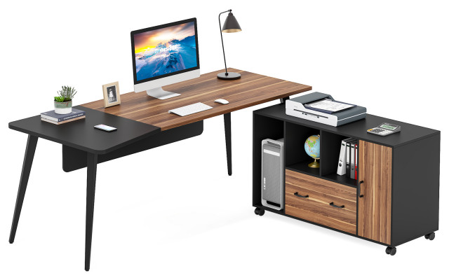 70" Large L Shaped Executive Desk With Drawers and File Cabinet ...