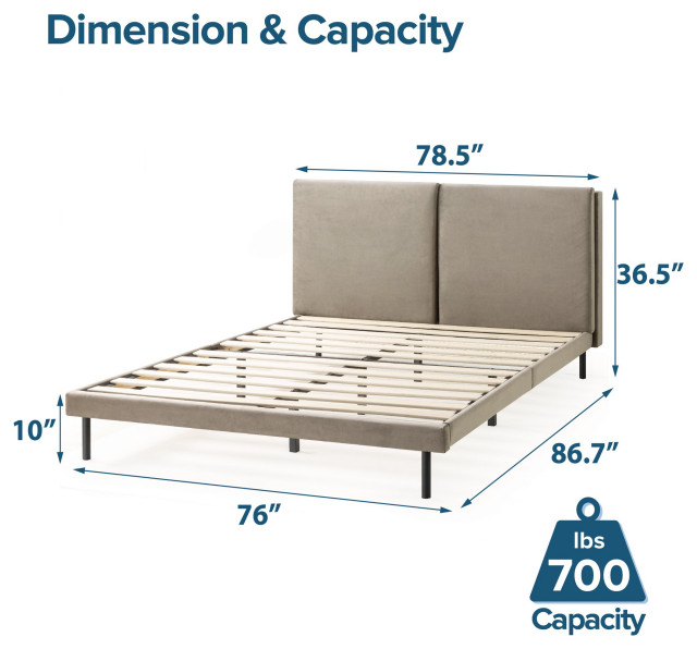 Modern Platform Bed, Latte Velvet Upholstery With Split Panel Headboard ...