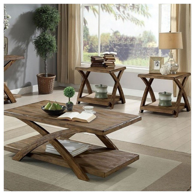 Furniture of America Pederson Rustic Wood 3-Piece Coffee Table Set in ...