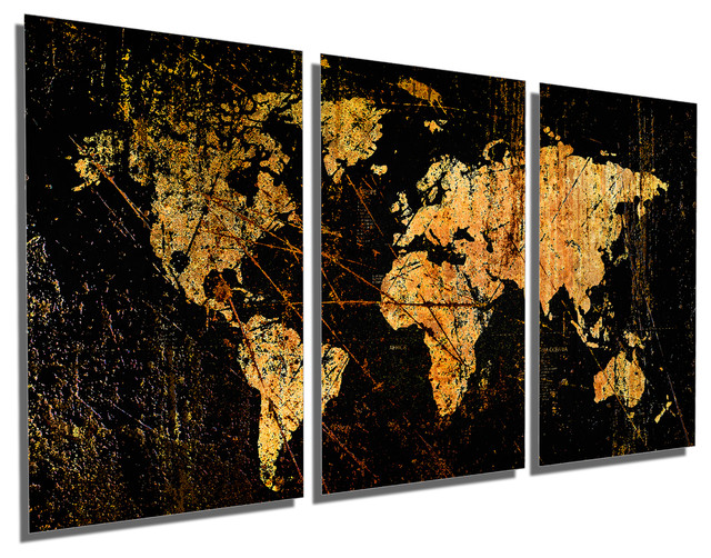 Abstract Black World Map Metal Print Wall Art, 3 Panel Split, Triptych ...
