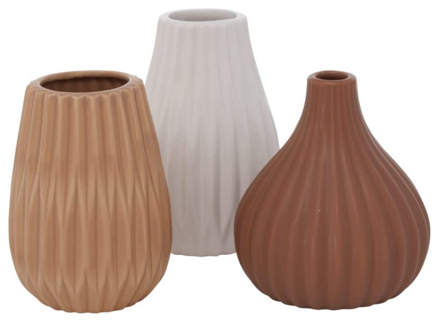 3 Piece Earthy Brown/ Tan/ White Table Vase Set, 5" Tall - Transitional ...