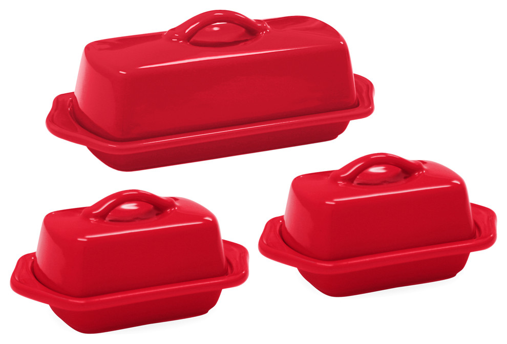 Chantal True Red Stoneware 3 Piece Traditional and Mini Butter Dish Set ...