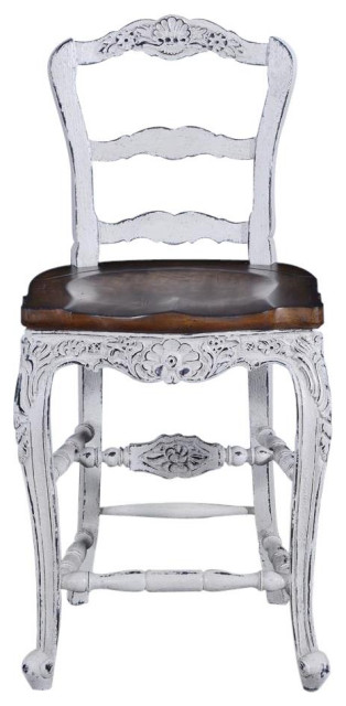 Counter Stool French Country Whitewash Rustic Pecan Floral Carved ...