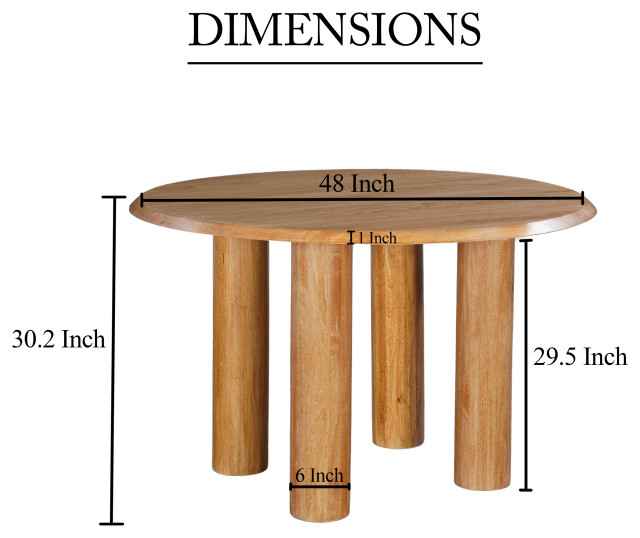 Dining Table 48" Round Top With 4 Thick Pillar Legs Natural Brown Mango ...