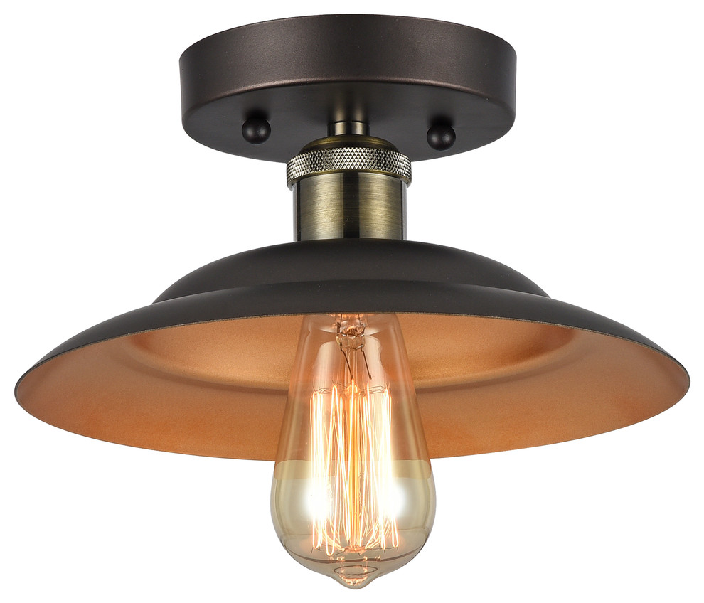 IRONCLAD, 1 Light Rubbed Bronze Semi-flush Ceiling Fixture, 10" Shade ...