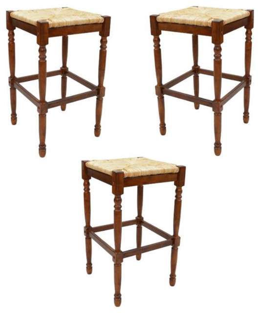 Home Square 24" Rubber Wood Counter Stool in Chestnut - Set of 3, 3 ...