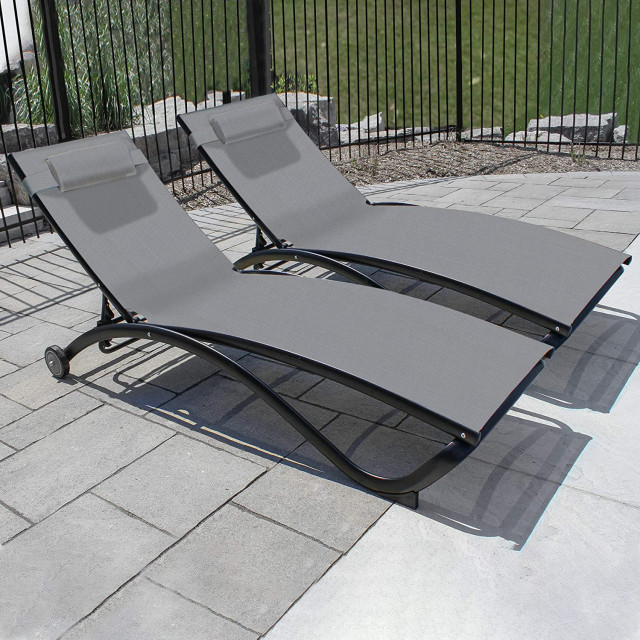 Set of 2 Patio Chaise Lounge, Curved Design With Wheels and Pillow ...