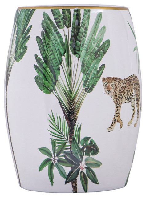 18" Ceramic Accent Table, Drum Shape, Tropical Print, White, Green ...