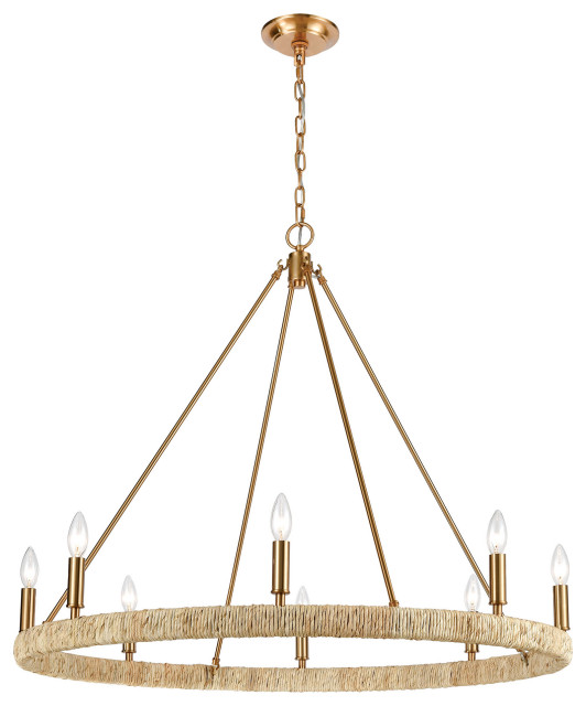 Abaca 8-Light Chandelier, Satin Brass With Abaca Rope Accents - Beach ...