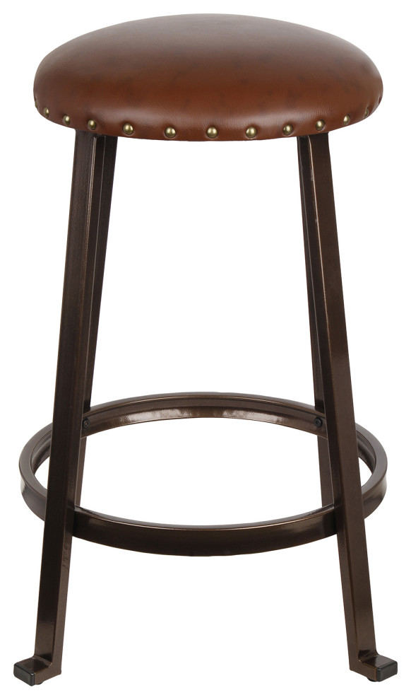 Round Backless Metal Bar Stool, Vegan Leather Seat, Set of 4 ...