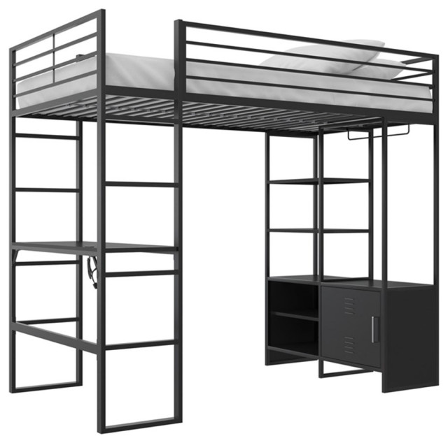 Pemberly Row Modern Metal Storage Twin Loft Bed with Desk in Black ...