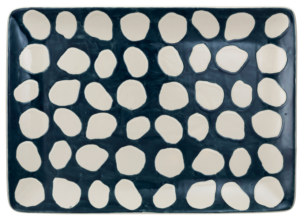 Hand-Painted Stoneware Platter With Wax Relief Dots, Blue and White ...