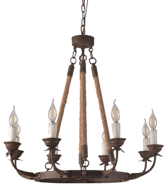 Rustic Flaxen Hemp Rope & Metal 8-Light Round Candelabra Chandelier in ...