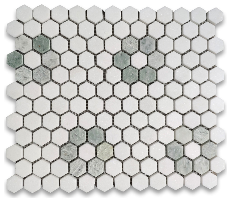 Thassos White Ming Green Marble Rosette Hexagon Mosaic Tile Honed, 1 ...