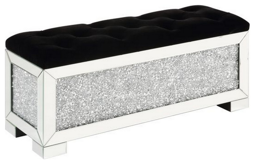 Benzara BM251180 Mirrored Bench With Tufted Seat and Faux Diamonds ...