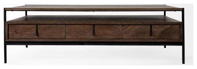 Glenn II 54x30 Brown Solid Wood Black Metal Base With3 Drawers Coffee ...