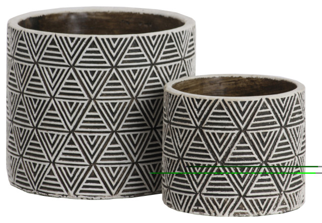 Round Cement Pot with Embossed Triangle Design, Set of 2, Black and ...