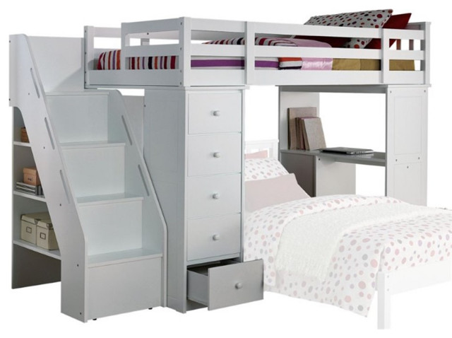 ACME Freya Solid Wood Storage Loft Bed with Bookshelf Ladder in White ...