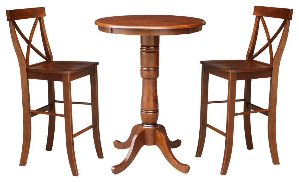 30" Round Pedestal Gathering Height Table With 2 X-Back Counter Height ...
