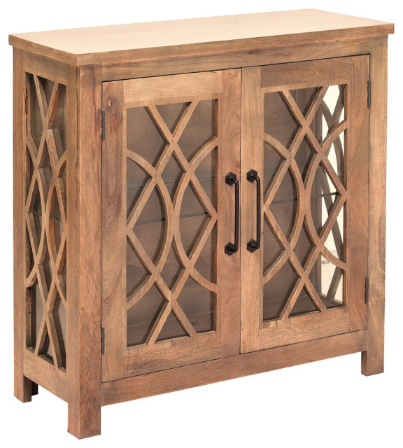 40" Slim Natural Color Rustic Curio Cabinet With Trellis Glass Doors ...