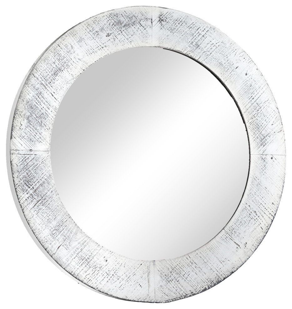 Round Antiqued White Wooden Framed Wall Mirror - Farmhouse - Wall ...