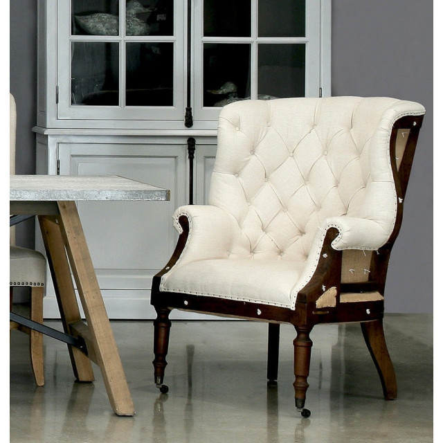Irish Chair Cream Linen & Burlap Wing Accent Chair - Traditional ...