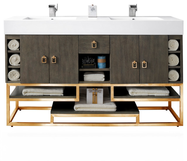 Tahoe 59" Double Vanity, Silver Oak, Nickel Base w/ Glossy White ...