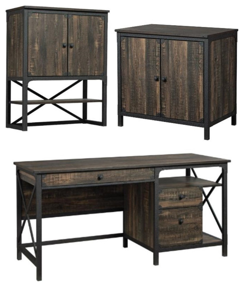 Home Square 3-Piece Set with Computer Desk Library Base & Library Hutch ...