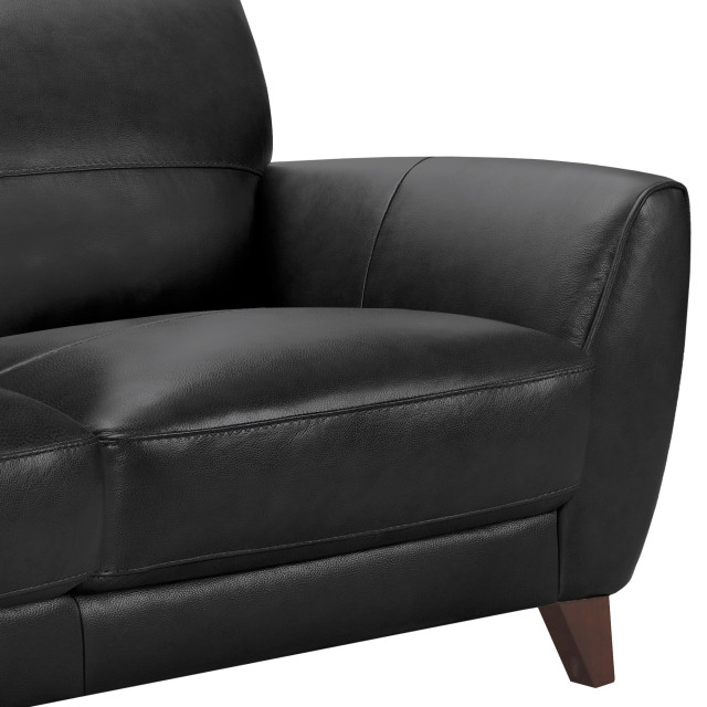Jedd Contemporary Sofa, Genuine Black Leather With Brown Wood Legs ...