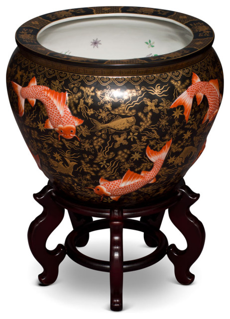 16 Inch Porcelain Koi Fish Motif Chinese Fishbowl Planter - Asian ...