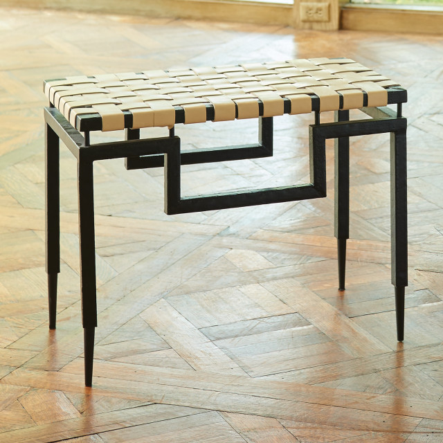 Luxe Geometric Iron Woven Leather Small Bench Black Beige Spike Leg ...
