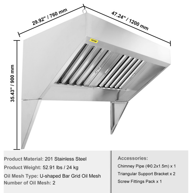VEVOR Commercial Exhaust Hood 4FT Food Truck Hood Exhaust 201 Stainless ...