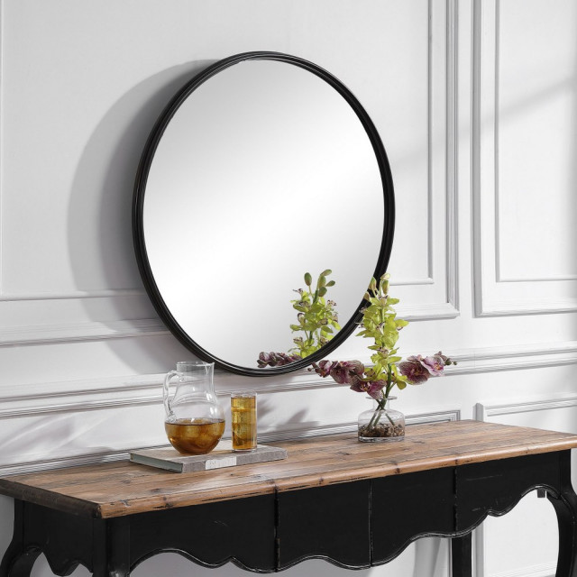Modern Round Wall Mirror in Aged Black Finish Iron Frame and Raised ...