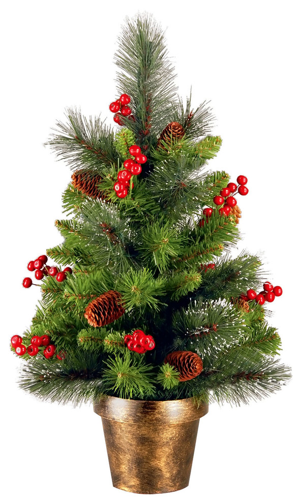 2' Crestwood Spruce Small Tree With Silver Bristle, Cones and Bronze ...