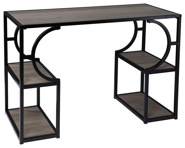 Modern Desk, Unique Shaped Metal Frame With 4 Open Shelves, Natural ...