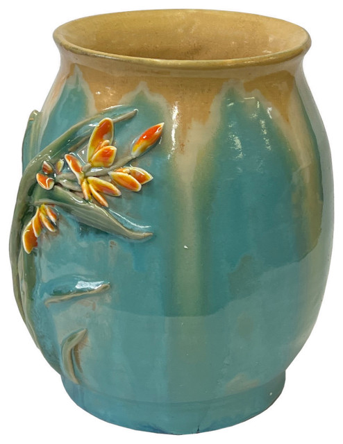 Chinese Turquoise Tan Glaze Dimensional Flower Holder Pot Vase Hws3070 ...