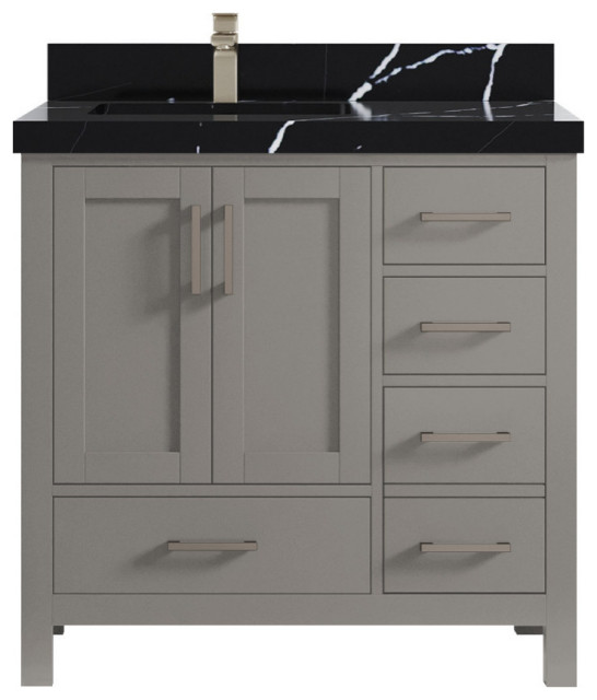 Sonoma 36" Left Offset Reeded Bath Vanity, Navy Blue 2" Calacatta Black ...