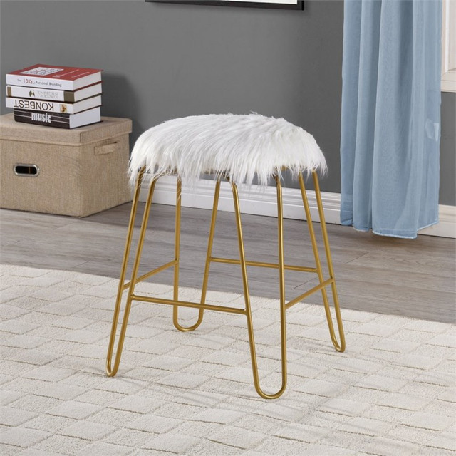 Pemberly Row Mid-Century Metal 18" Vanity Chair in White Faux Fur and ...