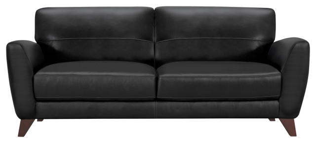 Jedd Contemporary Sofa, Genuine Black Leather With Brown Wood Legs ...
