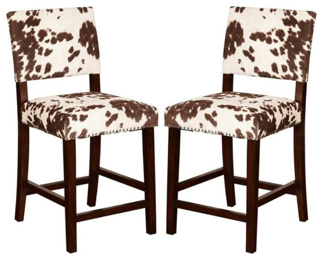 Home Square 24" Wood Counter Stool with Cow Print Upholstery in Brown ...