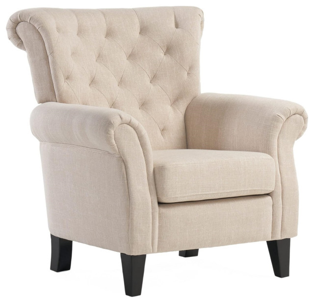 Chic Light Beige Tufted Fabric Club Chair with Cushioned Seat and ...