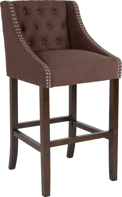 Carmel 30" High Tufted Walnut Barstool,Accent Nail Trim,Brown Fabric ...