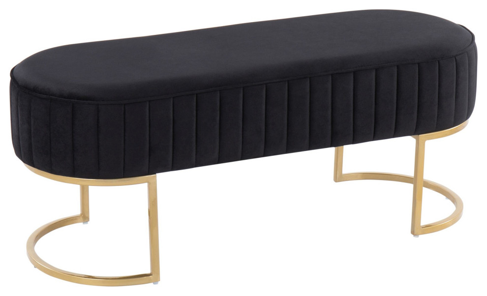 Demi Glam Pleated Bench, Gold Steel/Black Velvet - Contemporary ...