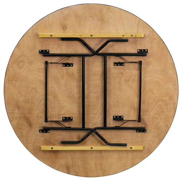 Traditional Folding Table, Black Metal Legs With Rounded Plywood Top ...