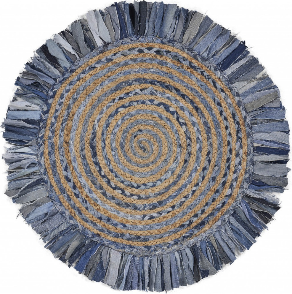 Denim And Natural Jute Round Swirl Fringed Rug - Contemporary - Area ...